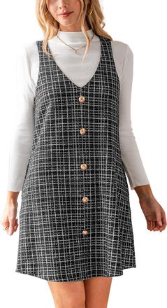 Cupshe Damen Latzkleid Plaid V-Ausschnitt &Auml;rmellos Freizeitkleider Hahnentritt Kn&ouml;pfe Tr&auml;gerkleid Herbst Winter Minikleid
