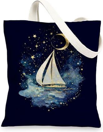 Generic Sacs fourre-tout en toile nautique, motif nuit étoilée, sacs dépicerie réutilisables, élégants, légers et lavables avec bandoulière, bleu marine, 13x1