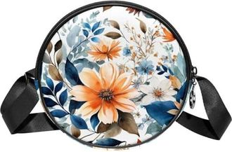 Generic Sac &agrave; bandouli&egrave;re rond pour femme, motif fleurs et feuilles, sac &agrave; dos avec fermeture &eacute;clair, bretelles r&eacute;glables, sac &agrave; main rond d&eacute;contract&eacute; pour fe