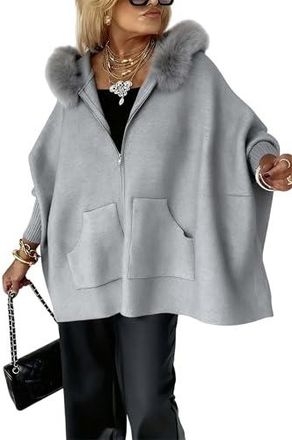 Generic Veste décontractée à col en fourrure pour femme, vêtements dextérieur chauds pour lautomne et lhiver, revers ouvert sur le devant, style à capuche, fe