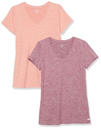 Amazon Essentials Damen Active Quick Dry Tech Stretch Kurzarm-T-Shirt mit V-Ausschnitt (in Übergröße erhältlich), 2er-Pack, Lachsrosa Space-dye/Pflaume Space-dye, XL