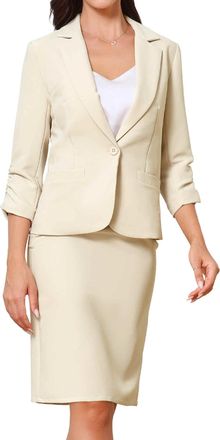 Allegra K Damen 2-Teiliges Anzug Rock Set Business Blazer Bleistiftrock mit Schlitz Beige M