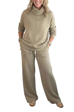 Generic Ensemble 2 pi&egrave;ces avec sweat-shirt et pantalon confortable pour femme, sweat &agrave; col montant, pantalon &agrave; jambes larges, ensemble de surv&ecirc;tement, kaki, 3