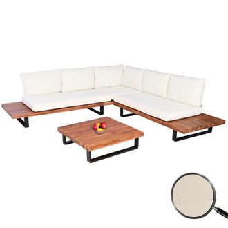 Mendler Garten-Garnitur HWC-H54, Garnitur Sitzgruppe Lounge-Set, Spun Poly Akazie Holz MVG Alu - braun, Polster cremeweiß