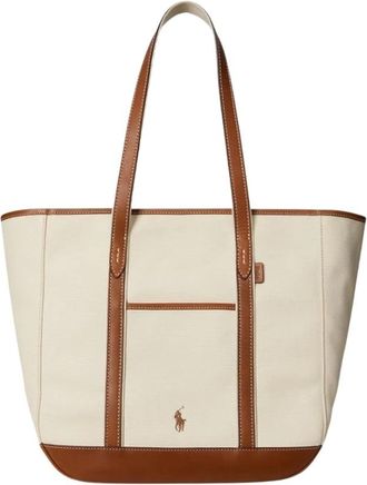 Ralph Lauren Femme, Sacs, Beige, Taille: ONE Size Cabas en toile avec garniture en cuir