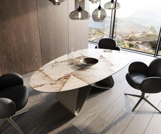 DELIFE Esstisch Edge Oval 220x120 Keramik Iris FMG Patagonia Lappato W-Gestell Metall Effektfinish Titan, Esstische