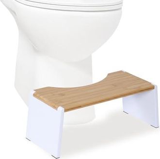 Relaxdays Toilettenhocker, klappbar, Hocker Toilettengang, Erwachsene, Bambus, rutschfest, HBT 19x43,5x20 cm, Natur/wei&szlig;