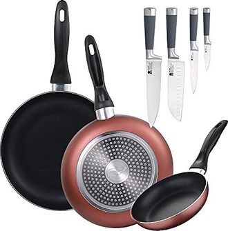 San Ignacio 3-teiliges Pfannenset Ø16/20/24 cm, aus gepresstem Aluminium, induktionsgeeignet + Set mit 4 Küchenmessern: Chef, Santoku, Schäler und Multilinen, Gri