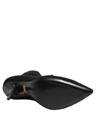 Dolce & Gabbana Womens Virgin Wool Knit Floral-Appliqu&eacute; Heel Boot Black Nylon