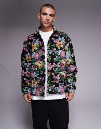 Asos Chemise coupe carr&eacute;e &agrave; imprim&eacute; tapisserie et fleurs oversize - Noir