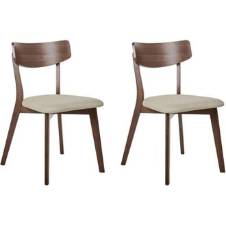 Beliani Lot de 2 Chaises de Salle &agrave; Manger R&eacute;tro Sans Accoudoirs Assise en Tissu Beige Clair Structure en Bois Massif Fonc&eacute; Hope