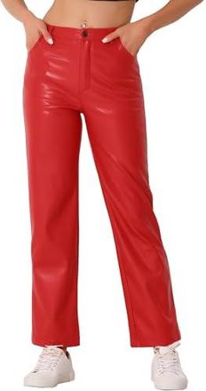 Allegra K Pantalon en Similicuir pour Femme Taille Haute Jambe Droite décontracté PU Punk Pantalon Rouge XS