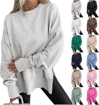 Generic Sweat-shirt &agrave; col rond fendu sur le c&ocirc;t&eacute; pour femme - Pull d&eacute;contract&eacute; &agrave; manches longues pour femme, gris, XXL