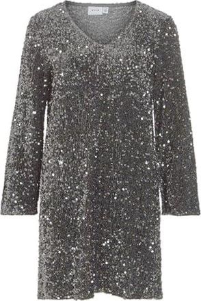 Vila Vila Neck Dress/Vol Vifaith Robe à Sequins col en V L/S, Argent (Silver), M Femmes