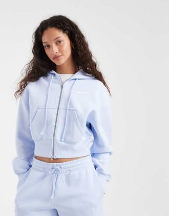 Nike Phoenix Fleece - Cropped-Kapuzenjacke in Hellblau mit Rei&szlig;verschluss