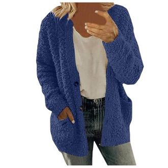 Generic Pull décontracté en peluche pour femme Grande taille Poches Vêtements dextérieur Boutons Cardigan Manteau court Laine Femme, bleu, 5XL