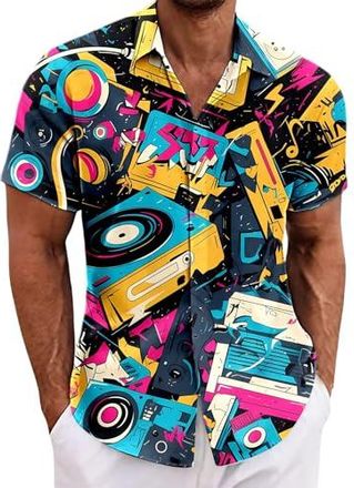 Generic Chemise hawa&iuml;enne pour homme - Imprim&eacute; &agrave; manches courtes - Style ann&eacute;es 80 - Respirant - Confortable - Pour l&eacute;t&eacute; - Pour la plage - Costume de f&ecirc;te, a3
