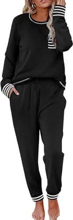 Ekouaer Pyjama Femme Long - Ensemble Pyjama Col Rond V&ecirc;tements De Nuit Hiver Deux Pi&egrave;ces V&ecirc;tements De Nuit Et Pantalon De Pyjama, Noir, L