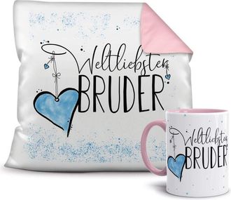 Tassendruck Geschenkset für den Weltbesten Bruder - Tasse und Kissen - Altrosa/Verwandte/Geschenk-Idee/Liebling/Familie