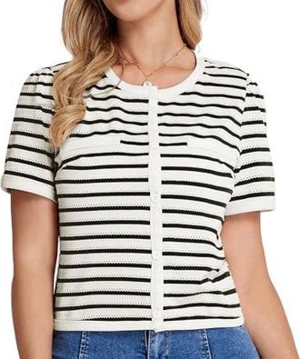 Belle Poque Cardigan en tricot léger à rayures creuses à manches courtes pour femme, Abricot et noir, XL