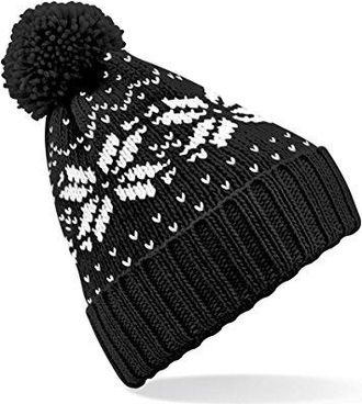 Beechfield Bonnet à pompon unisexe Fair Isle en tricot Motif étoile de neige, noir / blanc taille unique, taille unique