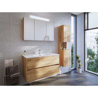 Magnolia Home Badm&ouml;bel Set Taifun 3tlg. 100 cm mit Spiegelschrank und Hochschrank eiche gold
