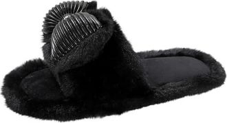 Generic Pantoufles moelleuses &agrave; bout ouvert pour femme - &Eacute;l&eacute;gantes et respirantes - Noeud mignon - Pliables - Confortables - Chaudes - Chaudes - Pour lhiver, 