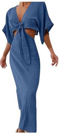 Generic 2026 Robes amincissantes sexy coupe ajust&eacute;e r&eacute;v&eacute;lant col en V robe d&eacute;t&eacute; ajour&eacute;e dos nu jupe, bleu, XL