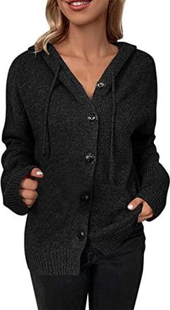 Generic 2026 Vestes pour femmes, style d&eacute;contract&eacute;, tendance, &eacute;pais, couleur unie, cardigan en tricot, Noir, XL
