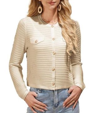 Grace Karin Cardigan &eacute;l&eacute;gant &agrave; manches longues pour femme - Col rond - Cardigan en tricot avec bouton, Abricot, L