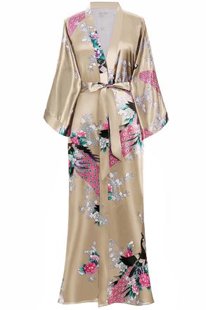 Babeyond Damen Morgenmantel Maxi Lang Seide Satin Kimono Kleid Pfau Muster Kimono Bademantel Damen Lange Robe Schlafmantel Girl Pajama Party
