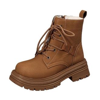 Generic Bottes &agrave; lacets pour femme - Talon bas et &eacute;pais - Style d&eacute;contract&eacute; - Bout rond - Couleur unie - Fermeture &eacute;clair lat&eacute;rale - Antid&eacute;rapantes - Conforta