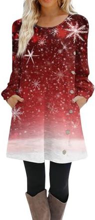 Generic Robe Noel Femme Chic et Elegante Robe Pull Casual Imprimé Noël Col Rond Manches Longues Robe de Noël Femme Swing Plissé A-Line avec Poches,f1012y,vin,