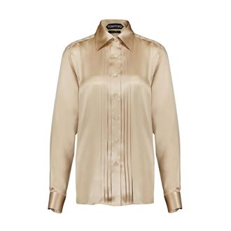 Tom Ford Seiden Pliss&eacute; Hemd mit Plastron - - Blouses & Shirts - Damen - Beige - XS
