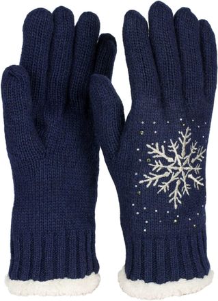 styleBREAKER Damen Handschuhe mit gestickter Schneeflocke, Strass und Fleece, warme Thermo Winter Strickhandschuhe 09010020, Farbe:Dunkelblau