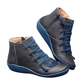Minetom Bottes dhiver pour Femmes Bottines Plates en Cuir PU Doux Confortable Bottes à Lacets Boots Courtes Vintage A Bleu 40 EU
