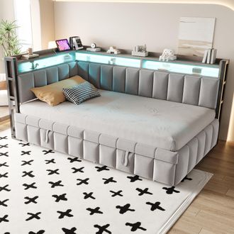 Merax Samt Sofabett 90x200 cm mit ausziehbarem Gästebett 90x190, LED, USB & Type-C Anschluss, Stauraum im Kopfteil, Polster-Tagesbett mit Rückenlehne - Hell