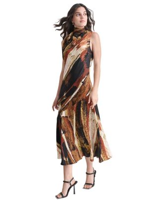 DKNY Womens Sleeveless Printed Tie Neck Dress, Paint Stroke, X-Large