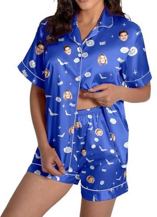 Generico Ensemble de pyjama dHalloween pour femme, chemisier &agrave; manches courtes et short, confortable et respirant, avec imprim&eacute; DIY V&ecirc;tements de nuit d&eacute;t&eacute;, ble