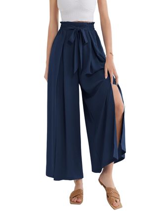 Grace Karin Damen Sommer Hohe Taille Weites Bein Hosen mit Taschen Leicht Palazzo Hose Dunkel Blau XXL