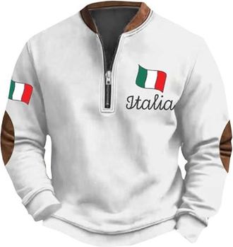 Generic Pull à col rond pour homme - Style décontracté - Imprimé drapeau italien 3D - Col zippé - Manches longues - Pull dhiver coupe ajustée, blanc, XXL