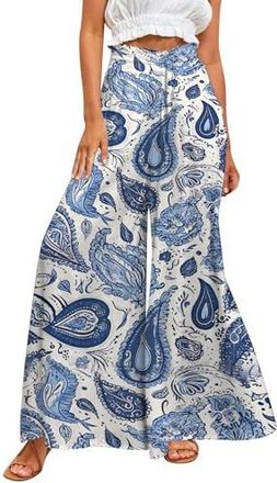Generic Robe boh&egrave;me 2026 pour femme, pantalon palazzo &agrave; jambes larges, motif floral, jupe-culotte de plage d&eacute;t&eacute; 2025, pantalon fluide et d&eacute;contract&eacute;, bleu, XX