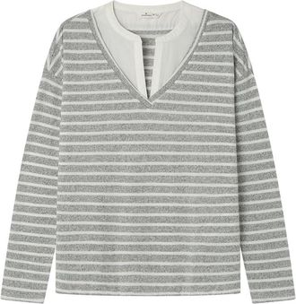Springfield Damen Long Sleeve T-Shirt with V Neck and Woven Mao Collar Langarmshirt, grau, Small