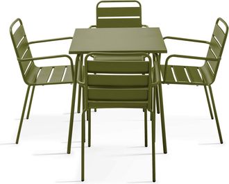 Oviala Palavas Gartenmöbel-Set, quadratisch und 4 Sessel, Stahl, Khakigrün