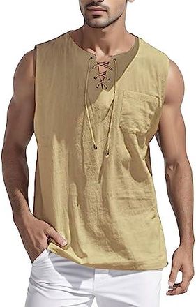Generic Lin Beach A-Shirt D&eacute;bardeurs Lacets D&eacute;t&eacute; Musculaires Sous-v&ecirc;tements Sans Manches Solide Course Athl&eacute;tique D&eacute;bardeurs Col V Vacances Muscle Shirt D&eacute;bar
