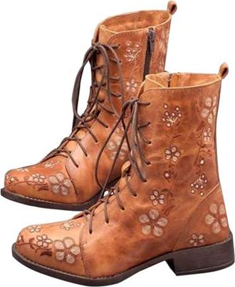 Generic Bottes brodées bohème pour femme, motif floral vintage à lacets en cuir, bottines à talon moyen, confortables à bout rond, imperméables, chaussures dé