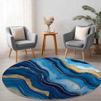 Generic Bleu Marine Tapis Abstrait Rond Antid&eacute;rapant, Luxe &Eacute;l&eacute;gance Marbre Motif Doux Tapis Poils Courts pour Salon Couloir Chambre Cuisine Descente de Lit - 