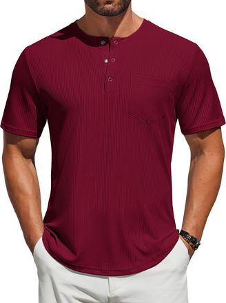Coofandy Herren Kurzarm T-Shirt Henley Shirt mit Tasche Geripptes T Shirt Sommer Knopfleiste Basic Tee Weinrot L
