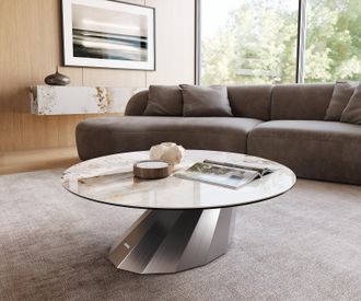 DELIFE Couchtisch Edge Rund 100x100 cm Keramik Minas Melange Parabi Edelstahl geb&uuml;rstet, Couchtische