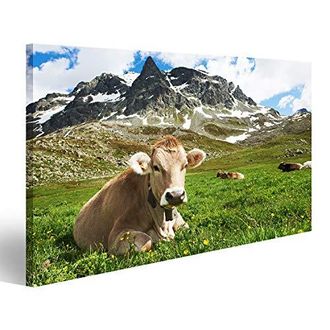 Islandburner Tableau Tableaux sur toile vache laitière avec pâturage sur les montagnes alpines de la Suisse pâturage herbe verte sur ciel bleu TWQ
